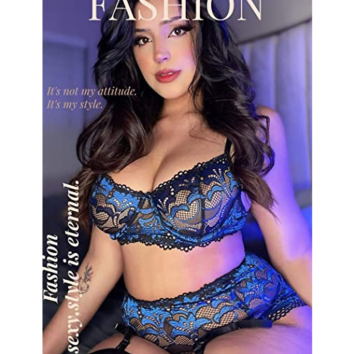 Avidlove Women Lace Lingerie Set with Garter Belt High Waist Bra and Panty Set Sexy Boudoir Outfits (Blue,XL)