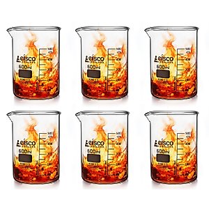 EISCO 6PK Beakers, 600mL - Low Form with Spout - White, 50mL Graduations - Borosilicate 3.3 Glass