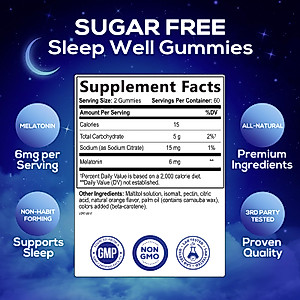 Melatonin Sleep Gummies Sugar Free - 6 mg Natural Melatonin Sleep Gummies for Adults, Extra Strength Sleep Gummy Supplements, Occasional Sleeping Support Supplement, Gomitas para Dormir - 120 Gummies