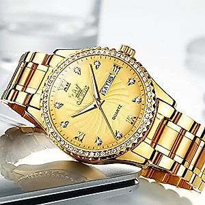 OLEVS Mens Watches Diamond Luxury Gold Business Dress Wrist Watch Quartz Stainless Steel Day Date Waterproof Luminous