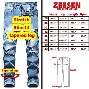 Men's Jeans Slim Fit Tapered Leg Ripped Stretch Flex Pants Skinny Cut Distressed Classic Light Blue Young Fashion Denim（5331-32）
