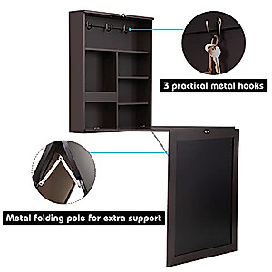 JAXPETY Wall Mounted Space-Saving Desk, Fold Out Computer Laptop Desk with Storage Bookcase & Chalkboard, Convertible Writing Desk for Home Office, Brown