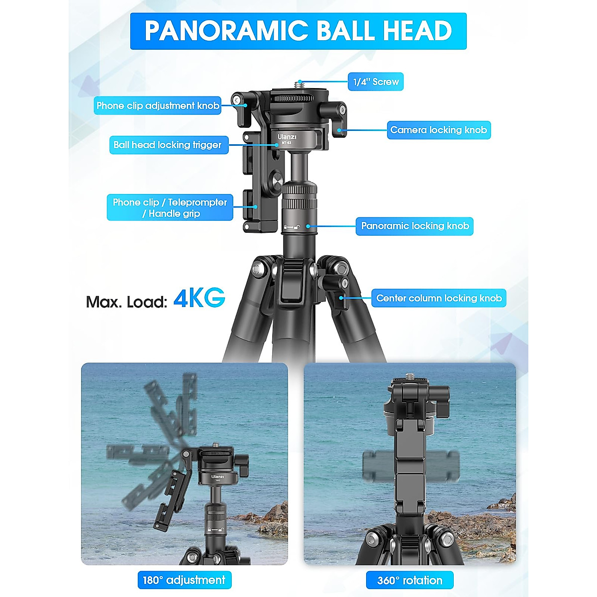 ULANZI MT-63 Mini Phone Tripod, 57" Portable Foldable Aluminum Alloy Extendable Camera Tripod with 2 in 1 Phone Clip, 360° Ball Head Travel Lightweight Tripod for iPhone DSLR Camera Max Load 5KG/11LBS