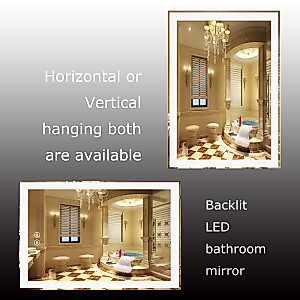VOXITA LED Bathroom Mirror 28x22 inch Dimmable Anti-Fog Lighted Vanity Mirror, White Light/Warm Light by Optional Easy Hanging Vertical or Horizontal LED Mirror