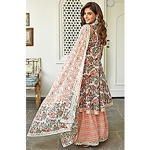 Janasya Indian Women's White Cotton Floral Block Print Kurta with Sharara and Dupatta(J0472-KR-SHA-L)