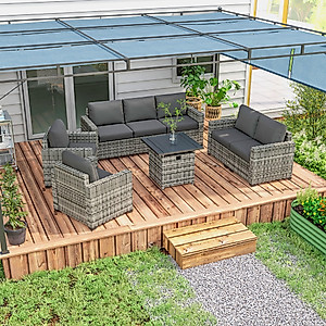 Outsunny 5 Piece Patio Furniture Set with Cushions, Outdoor PE Rattan Wicker Conversation Sofa Set with 30" Fire Pit Coffee Table, Dark Gray