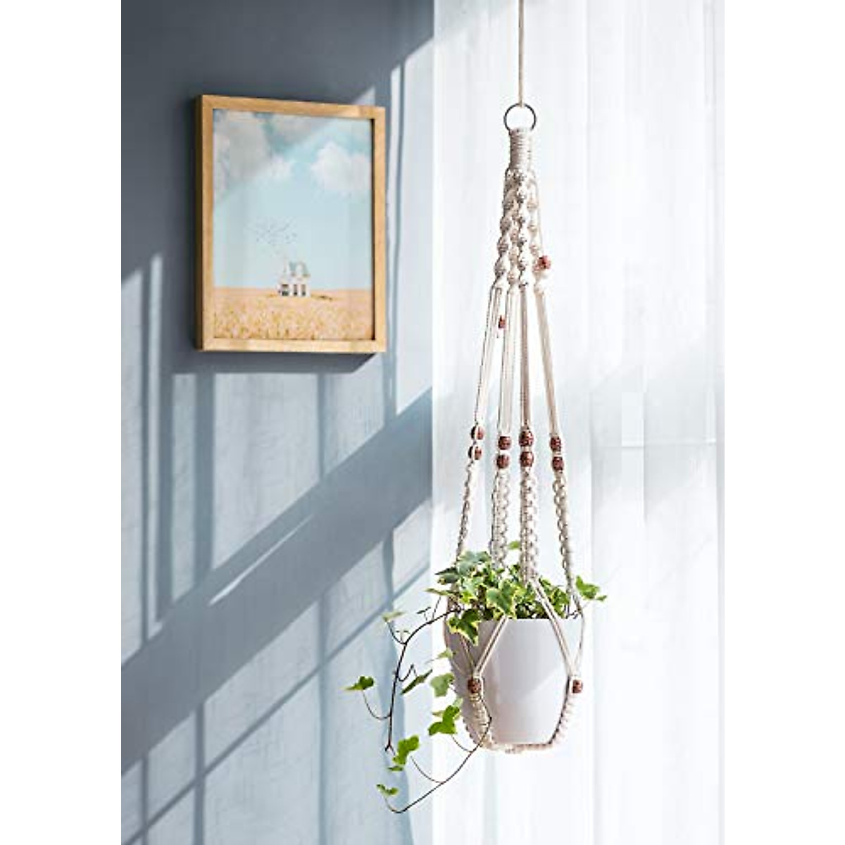 Mkono Macrame Plant Hanger Indoor Outdoor Hanging Planter Basket Cotton Rope with Beads 35 Inch
