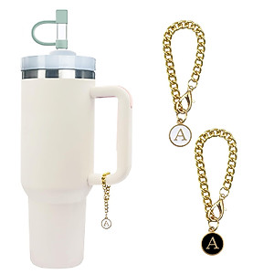 Velaco 5Pcs Silicone Straw Covers Cap and 2 PCS Letter Charm Accessories - Chains with Initial Letter for Stanley 20 30 40 oz Tumbler with Handle