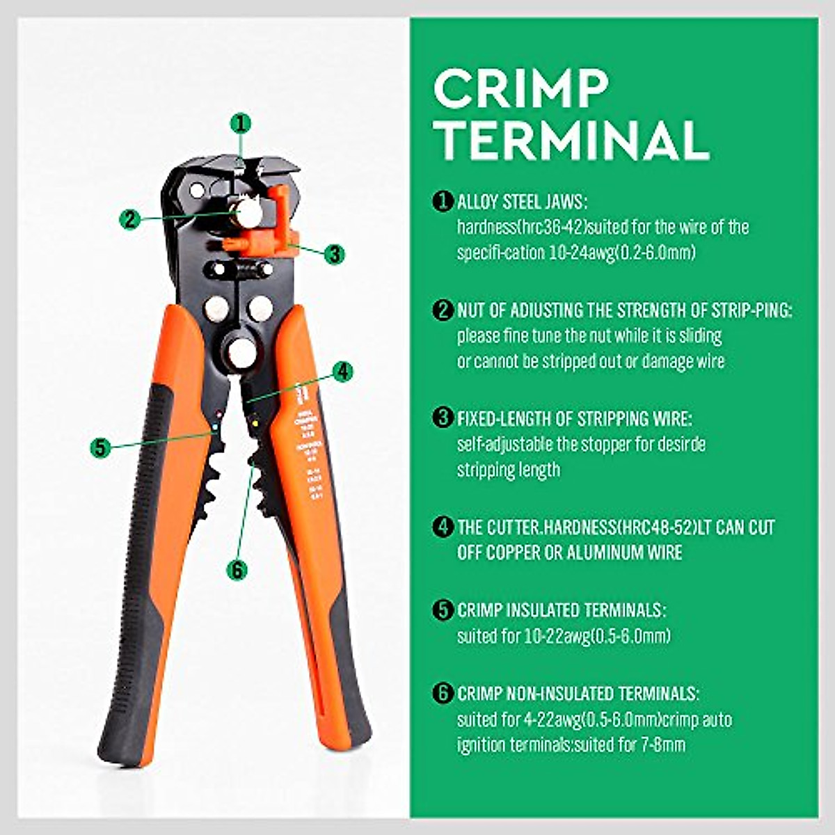HORUSDY Wire Stripping Tool, Self-adjusting 8" Automatic Wire Stripper/Cutting Pliers Tool for Wire Stripping, Cutting, Crimping 10-24 AWG (0.2~6.0mm²)
