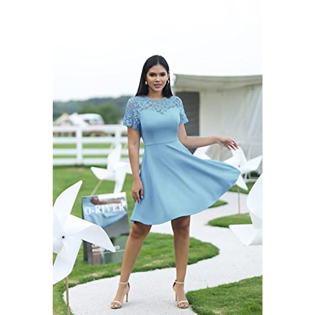 Kate Kasin Women's Retro Crewneck Lace Splicing A Line Cocktail Dress Formal Wedding Guest Party Sexy Prom Dresses Short Light Blue S