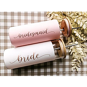 Bride to Be Iced Coffee Tumbler with Bamboo Lids and Straws | 20 oz Mason Jar Cups & Iced Coffee Cup | Bridesmaid Proposal Gifts, Bridal Shower, Bachelorette Party Supplies & Bride Tribe - Bride