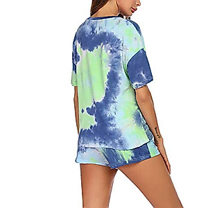 HOTOUCH Womens Short Sleeve Tops and Shorts PJ Sets 2 Piece Pajamas Set Sleepwear Nightwear Blue Green Tie Dye, Large