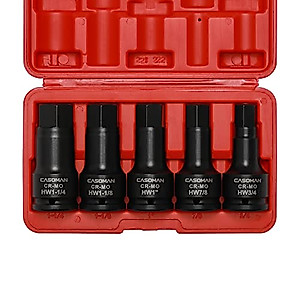 CASOMAN 3/4 Inch Drive Impact Hex Driver Set, 5-Pieces, SAE, 3/4", 7/8", 1", 1-1/8", 1-1/4", 3/4" Drive Master Impact Hex Bit Set, CR-MO, Impact Grade, One-Piece Construction