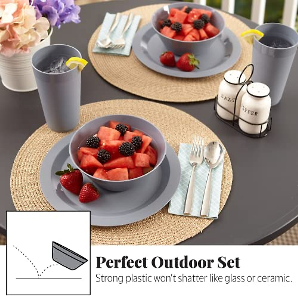 US Acrylic Newport Plastic Plate, Bowl and Tumbler Dinnerware Set for 4 in Grey Stone | 12-Piece Drinking and Dining Set | Reusable, BPA-free, Made in the USA, Top-rack Dishwasher Safe