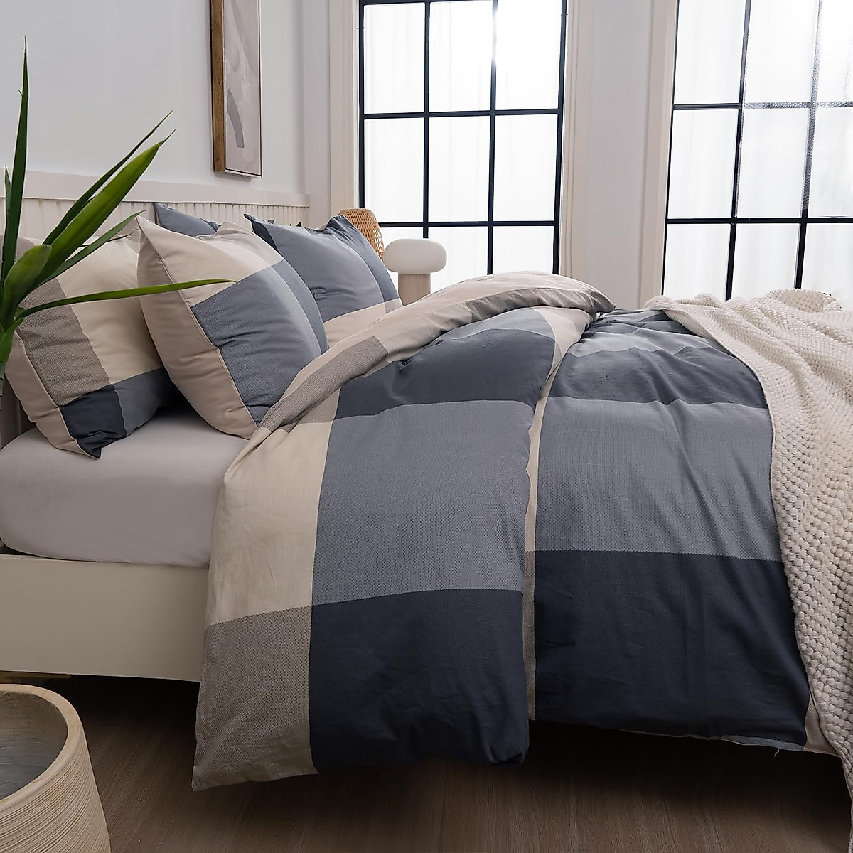 Plaid Duvet Cover Queen, 100% Cotton 3 Pieces Plaid Bedding Sets Queen, Checkered Pattern Cotton Grid Plaid Duvet Cover Set Queen (Plaid, Queen)