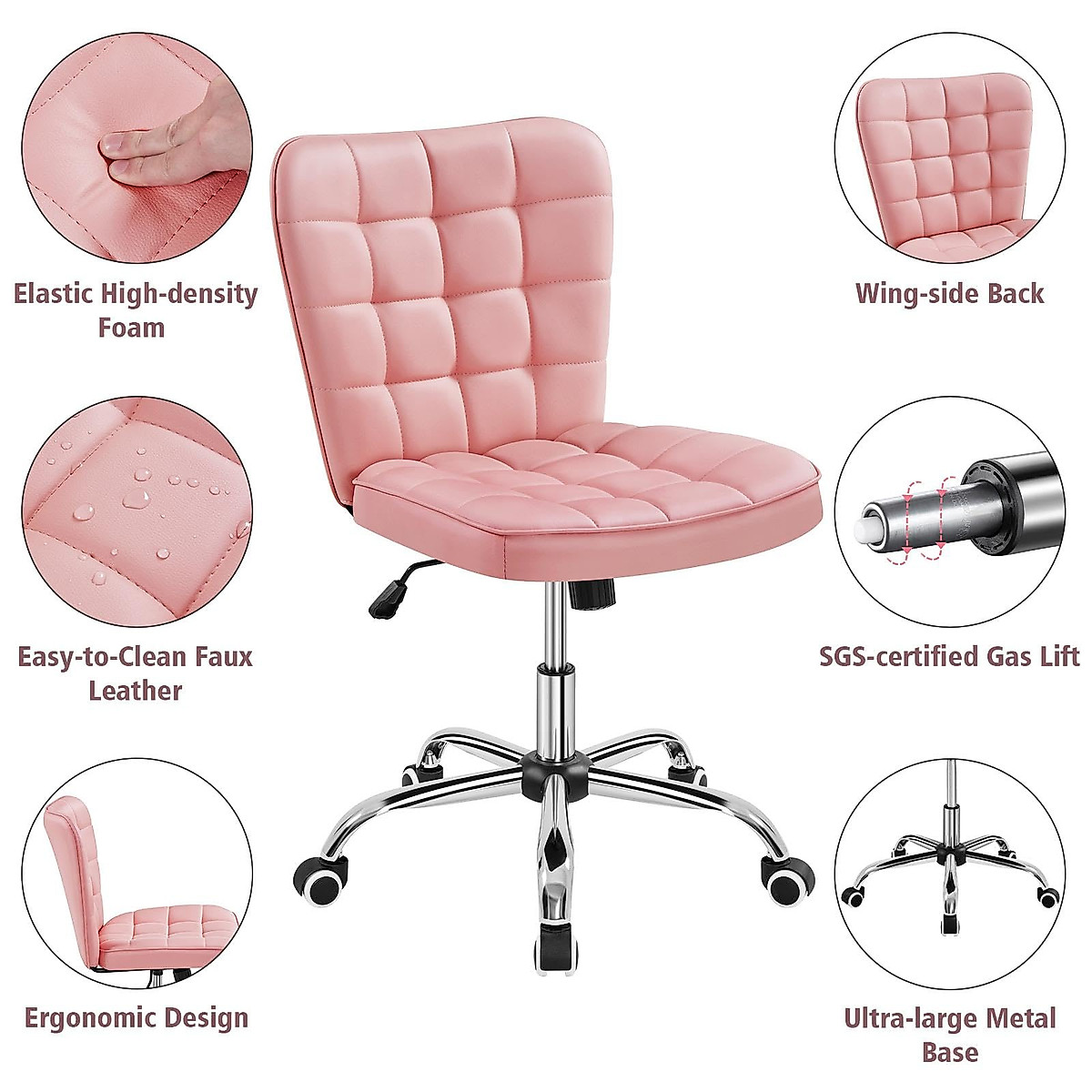Yaheetech Armless Desk Chair Modern Tufted Office Chair Faux Leather Upholstered Computer Chair with Adjustable Seat Height and Rolling Wheels for Home/Office, Pink