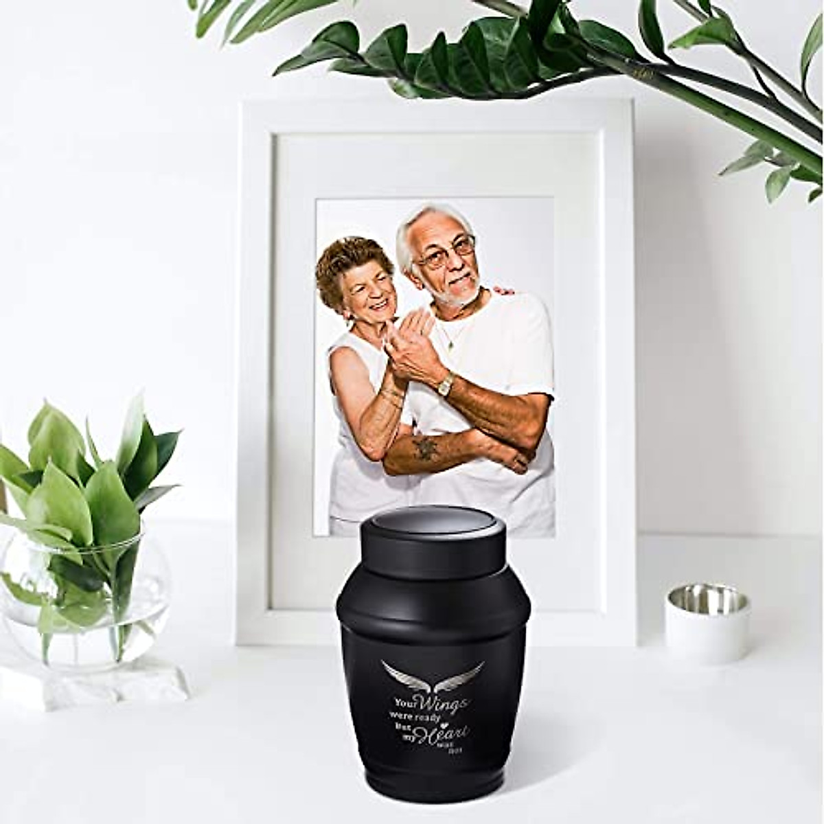 5.7 Inches Medium Size Urns for Human Ashes Adult Male,Black Cremation Urns for Adult Ashes,Angel Wings Decorative Urns