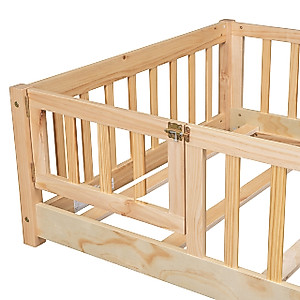 CITYLIGHT Twin Size Floor Bed with Rails and Door, Wood Montessori Floor Bed Twin Size with Support Slats, Kids Twin Bed Frame for Boys,Girls, Natural