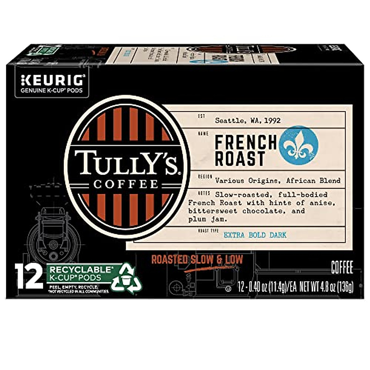 Tully's Coffee French Roast Keurig Single-Serve K-Cup Pods, Dark Roast Coffee, 12 Count