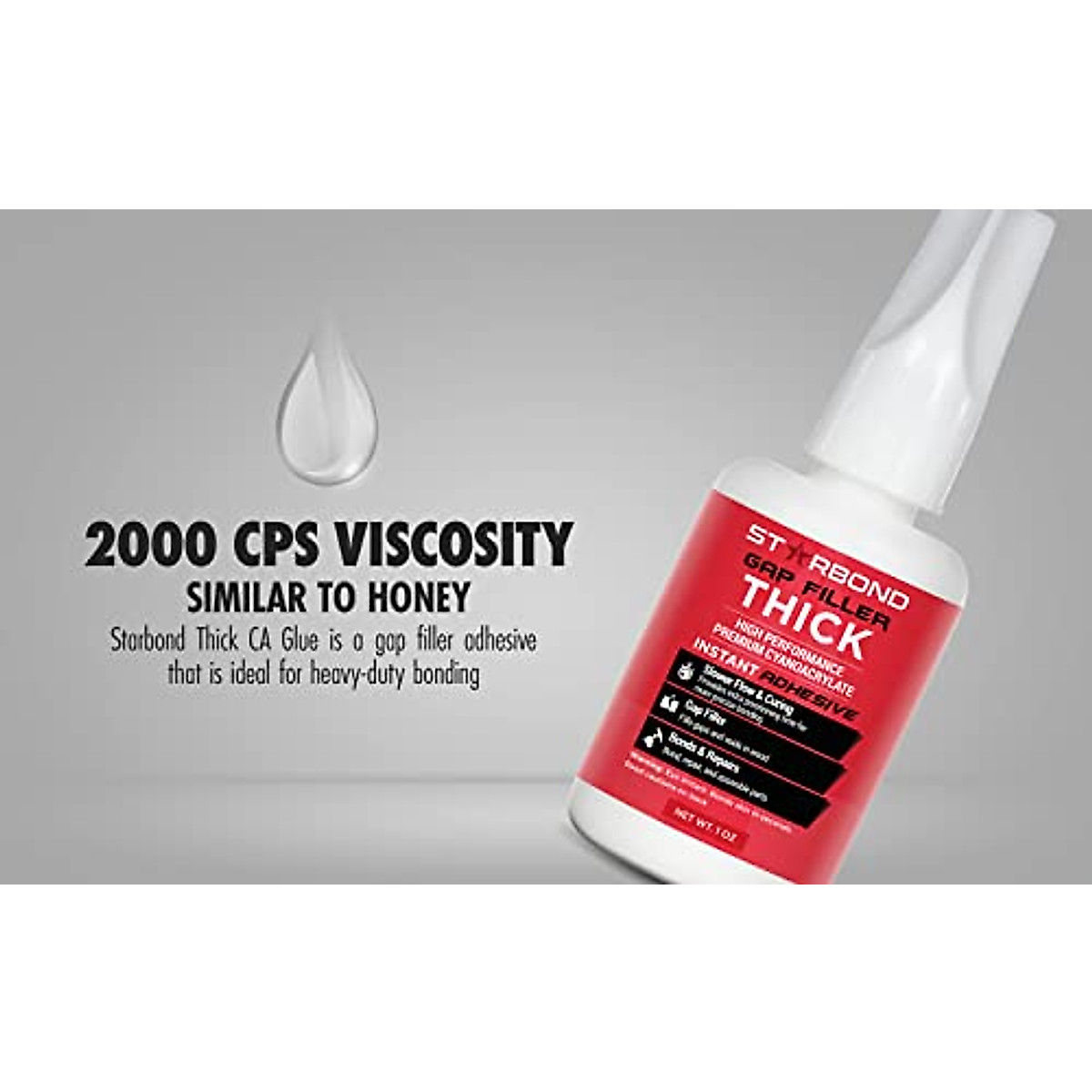 Premium Grade Cyanoacrylate (CA) Super Glue by STARBOND"Gap Filler" Thick 2000 CPS Viscosity Adhesive for Carpentry, Woodworking, Hobby Models, Archery Fletching (Thick, 1 Ounce)
