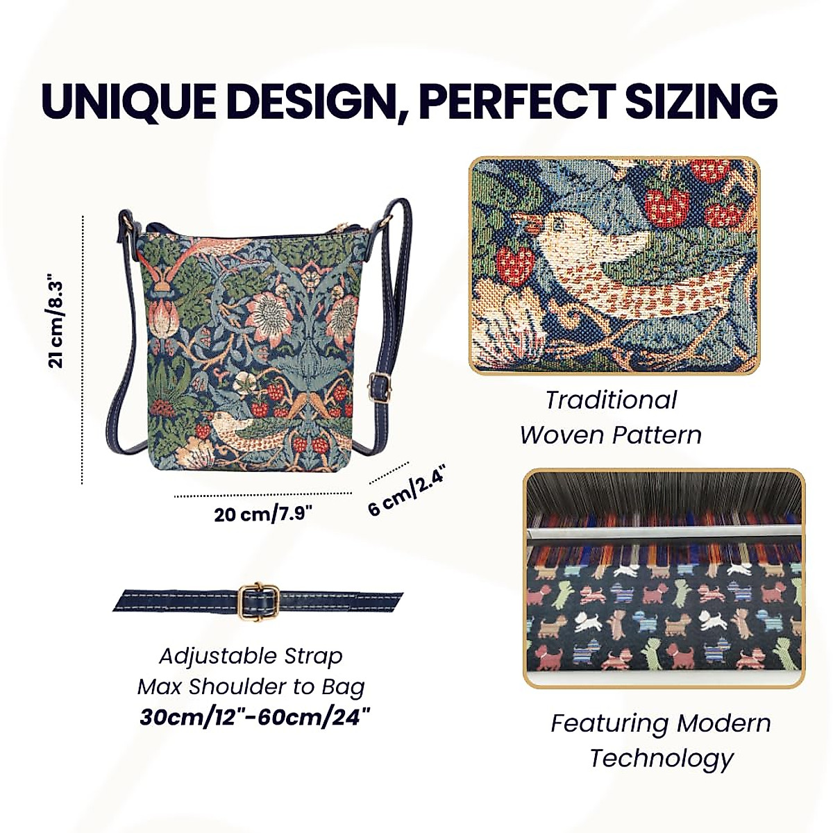 Signare Tapestry Small Crossbody Bag Sling Bag for Women with Flower and Bird William Morris Strawberry Thief Blue Design (SLING -STBL)
