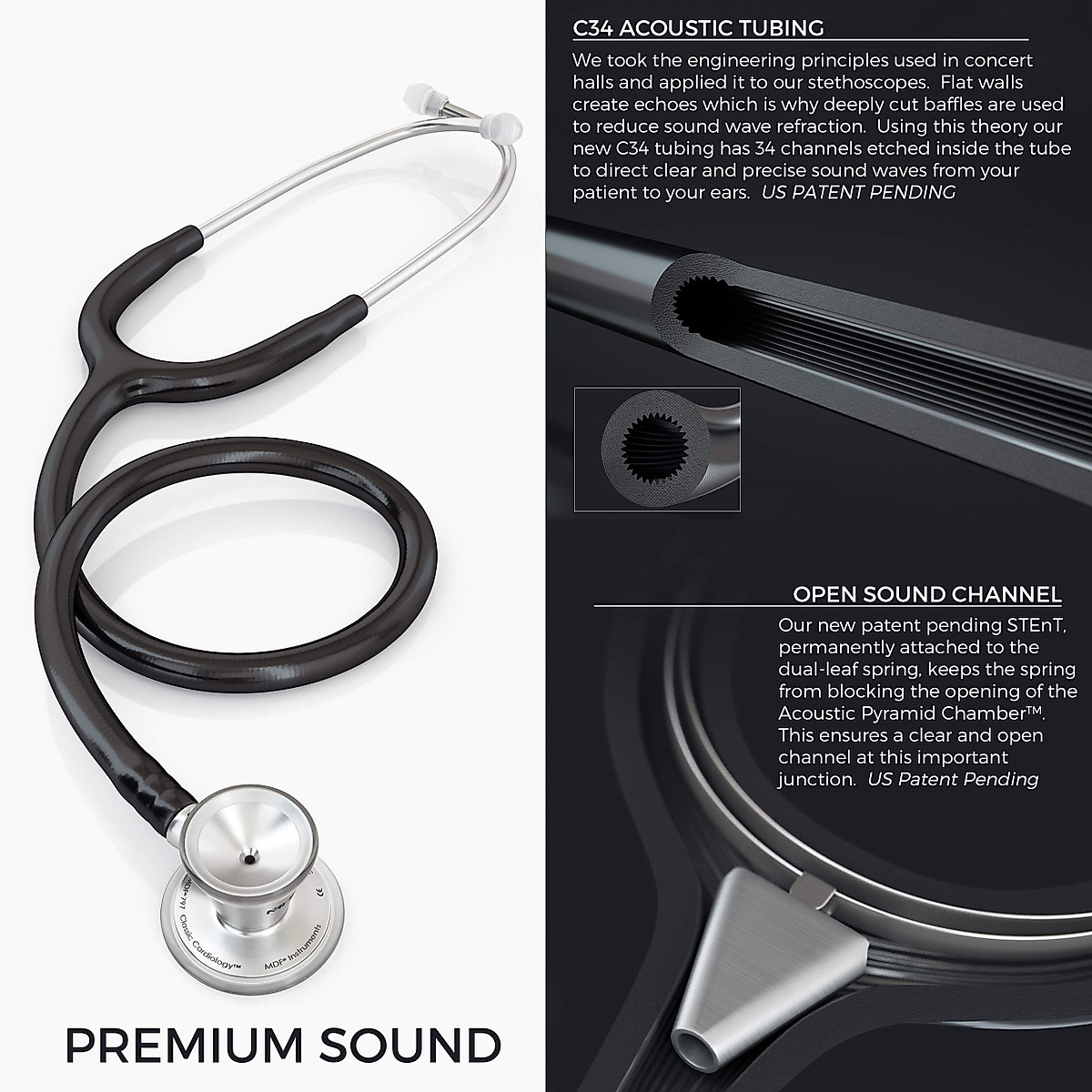 MDF Instruments, ProCardial Cardiology Stethoscope, Stainless Steel, Adult, Dual Head, Black Tube, Black Chestpiece-Headset, MDF797BO