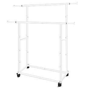 Fishat Simple Standard Double Rod Clothing Metal Garment Rack, Rolling Clothes Organizer on Lockable Wheels (White)