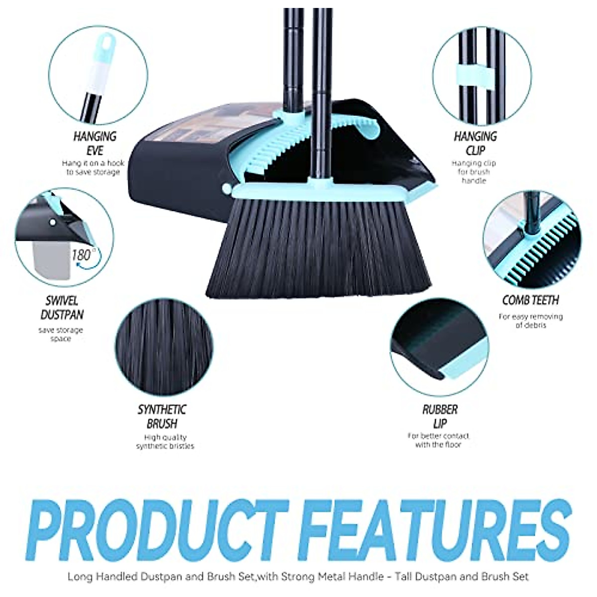 Broom and Dustpan Set for Home,Dust pan with Broom,Standing Dustpan and Broom with Long Handle for Indoor Lobby Office Kitchen Sweeping