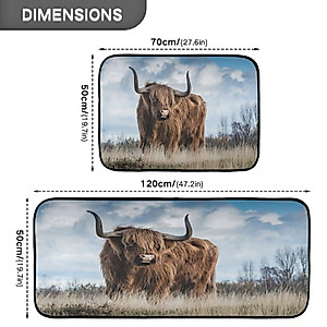 Highland Cow Horns Meadow Kitchen Rug Set of 2 Farm Animal Floor Runner Mat Comfort Non Skid Bath Carpet Standing Mat Washable for Living Room Laundry Office