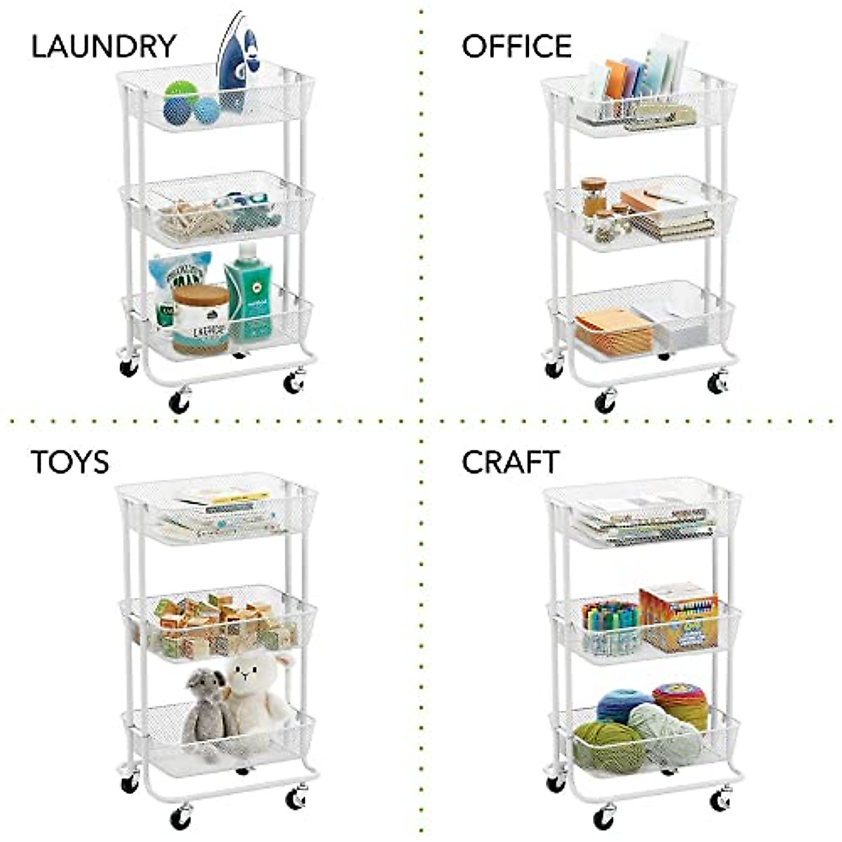 mDesign Metal 3-Tier Portable Rolling Household Storage Cart for Bathroom, Kitchen, Craft Room, Laundry Room, and Kid's Playroom - 4 Rotating Wheels - White
