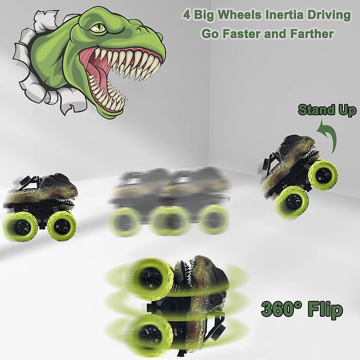 Dinosaur Monster Truck Toys for Boys, 4 Pack Friction Powered Dino Car Toys for Toddlers, Push and Go Inertia Car for Kids, Christmas Birthday Party Favors Gifts for 3 4 5 6 7 8 Years Old Boys Girls