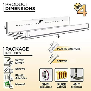 ACRADEC Acrylic Shelves for Wall Set of 4, 15” x 4” - Spacious Clear Shelves with Mounting Kit - Easy to Install, Versatile & Sturdy Shelfs - Funko Pop Shelves Perfect for Decoration & Storage