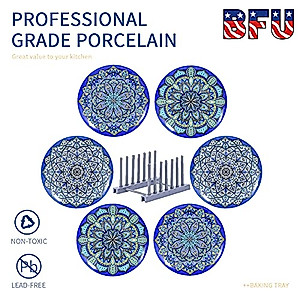 BFU 8 inch Porcelain Dinner Plates, Vintage Blue Plates Set of 6 for Dessert,Salad,Pasta, Pancakes, Steak,Appetizer,Microwave Safe Dinnerware - Bohemian Style