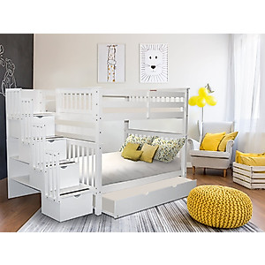 Bedz King Stairway Bunk Beds Full over Full with 4 Drawers in the Steps and a Full Trundle, White
