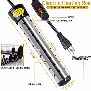 Immersion Water Heater Bucket Heater 1500W Portable Water Heater for Bathtub with Stainless Steel Guard and Digital LCD Thermometer Suitable for bathtubs(Not Suitable for Swimming Pool)