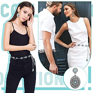Newtay 4 Pcs Western Belts for Women Cowgirl Concho Belts Earrings Set Including 2 Metal Turquoise Belts 2 Pairs Dangle Earrings(Silver, Green)