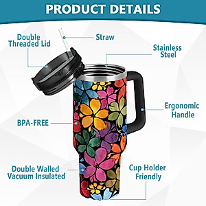 Yasala Car Tumbler with Handle Rainbow Flower Travel Mug Coffee Cup Insulated Beverage Container Mega Cup for Hot Cold Drinking Thermos Water Bottle Cupholder Friendly 40 oz