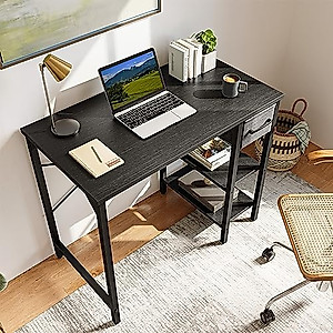 BANTI Small Computer Desk with Drawers, 35 Inch Home Office Desk with 2Storage Shelves on Left or Right Side, Study Writing Desk with Storage Bag, Black