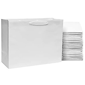 White Gift Bags with Handles - 16x6x12 Inch 50 Pack Designer Shopping Bags in Bulk, Large Gift Wrap with Fabric Ribbon Handles for Boutiques, Small Business, Retail Stores, Merchandise, Birthdays
