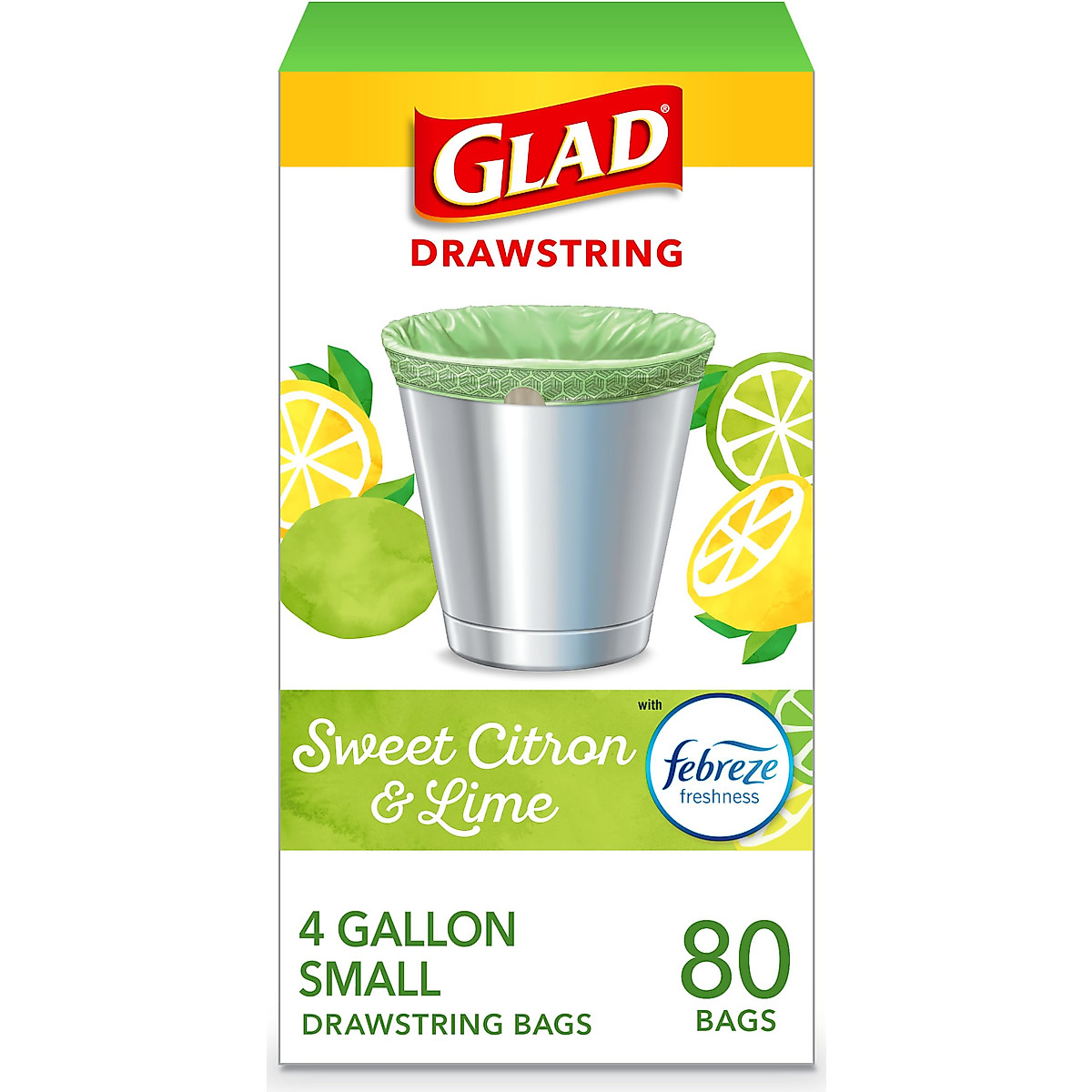 Glad Small Kitchen Drawstring Trash Bags – 4 Gallon Green Trash Bag Febreze , Sweet Citron & Lime, 80 Count (Package May Vary)