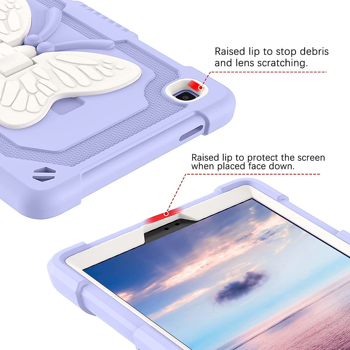 DUEDUE Design for Samsung Galaxy Tab A7 Lite 8.7” Case Butterfly Wings Kickstand Heavy Duty Shockproof Cute Full Protective Tablet Cover for Galaxy Tab A7 Lite 8.7 2021 Kids, Beige/Purple