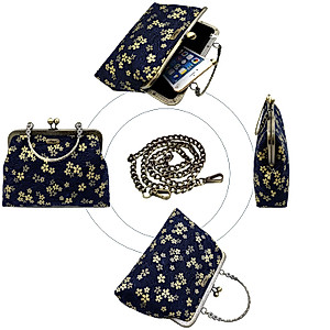 Abuyall Floral Top Handle Handbag Chain Strap Women Kiss Lock Canvas Frame Shoulder Bag Royal