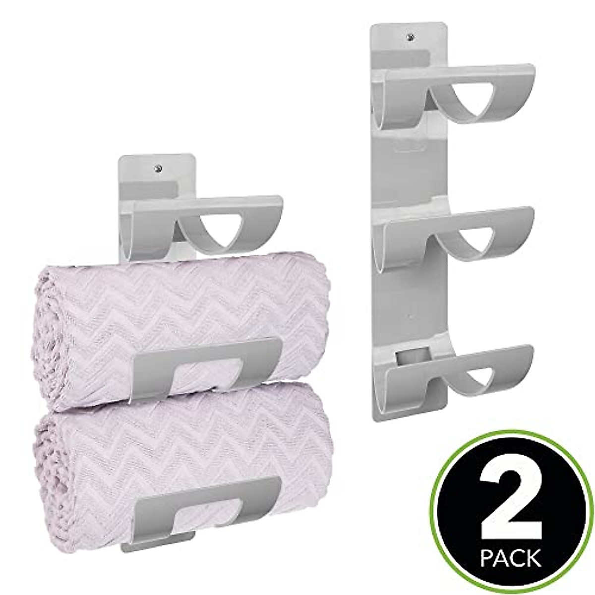 mDesign Plastic Wall Mounted Towel Rack Storage Organizer Holder for Master or Guest Bathroom - Hold Bath, Hand, and Face Towels/Washcloths - Aura Collection - 2 Pack - Gray