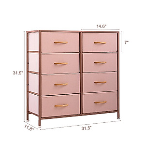 Prime Garden Dresser with 8 Drawers, Storage Tower with Wood Handle, Wood Top, Sturdy Steel Frame, Fabric Organizer Unit for Bedroom, Living Room, Hallway, Entryway, Closet, Rose Gold