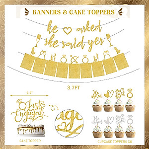 Hombae Engagement Party Decorations, Gold and White Bridal Shower Dimond Fringe Curtain Balloon Garland Leaves He Asked She Said Yes Banner Cake Cupcake Topper Box Cutout I Do Confetti Sash