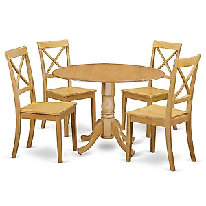 East West Furniture DLBO5-OAK-W 5 Piece Dining Set Includes a Round Dining Room Table with Dropleaf and 4 Kitchen Chairs, 42x42 Inch, Oak