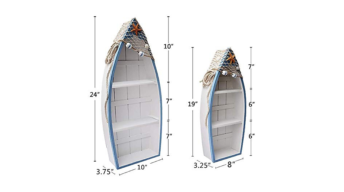 Set of 2 Nautical Wooden Boat Display Shelves | Beach Decor