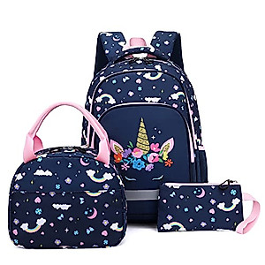 School Backpack Kids Set Middle Elementary Preschool Kindergarten with Lunch Bag & Pencil Case Bookbags for Boys Girls Teen (Unicorn-Navy Blue)