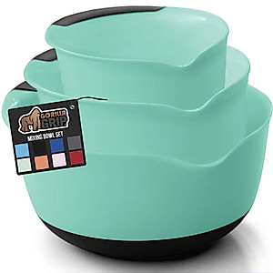 Gorilla Grip Mixing Bowls Set of 3, Slip Resistant Rubber Bottom, Nesting Baking Bowl, Soft Wide Handle, Easy Pour Spout, Electric Mixer and Dishwasher Safe, Kitchen Essentials, 5, 3 and 1.5 QT, Mint