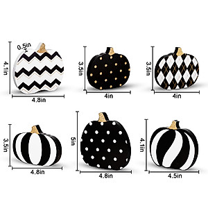 Treory Fall Thanksgiving Table Decorations: 6ct Black White Pumpkin Thanksgiving Tiered Tray Decor, Autumn Pumpkins with Stripe and Gold Dots, Kitchen Desk Tabletop Wooden Sign for Home School Office